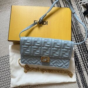 Fendi | Bags | Fendi Baguette Ff Leather Wallet On Chain In Light Blue ...